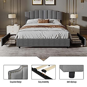 Queen Size Linen Upholstered Platform Bed Frame with 2 Big Drawers, Modern Rivets Design Platform Bed with Stitched Padded Headboard & Wood Slats Support for Bedroom, No Box Spring Needed (Grey)