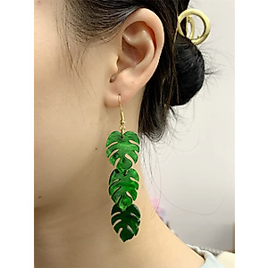 Green Palm Leaf Dangle Earrings for Women Girls Lightweight Resin Tropical Green Plant Statement Drop Fish Hook Stud Earring Fashion Cute Festival St.Patrick's Day Jewelry Gifts Nature Lover (Leaves)