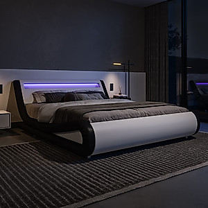 Allewie King Size LED Platform Bed Frame with Adjustable Headboard/No Box Spring Need/Easy Assembly/Faux Leather in White and Black