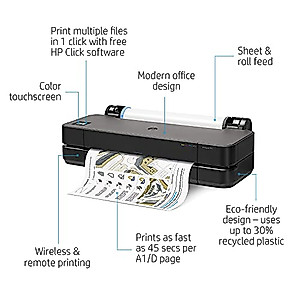 HP DesignJet T210 Large Format 24-inch Color Plotter Printer, Includes 2-Year Warranty Care Pack (8AG32H),Black