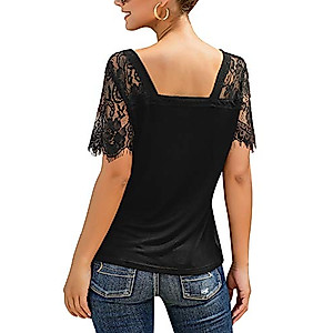 LookbookStore Women's V Neck Scalloped Lace Tee Tops Short Sleeve T Shirt Casual Summer Tops for Women 2024 Black T Shirts for Women Blace Lace Tops Casual Comy Short Sleeve Shirts Size M Size 8 10