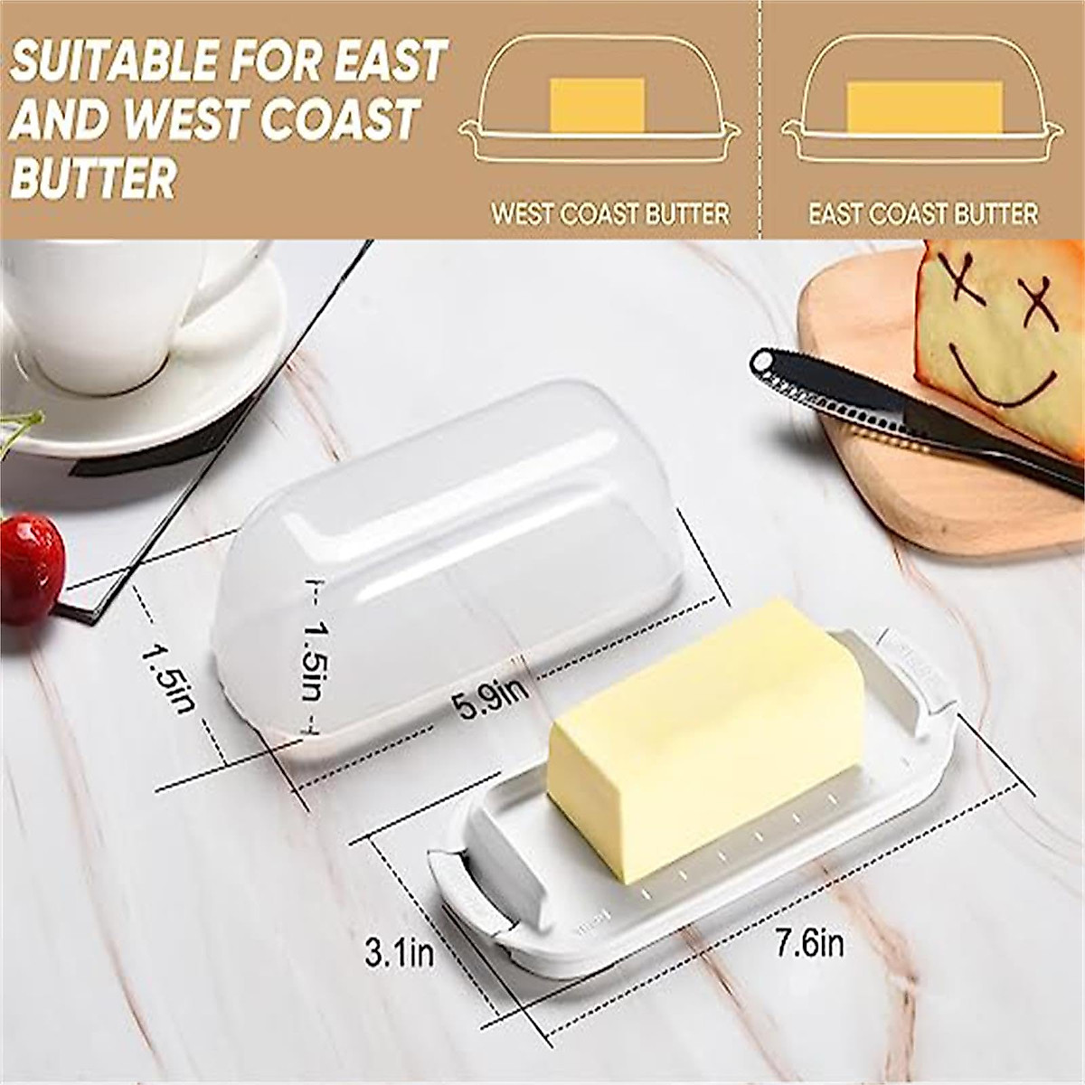 Butter Dish with Lid, Airtight Butter Dish for Countertop and Refrigerator,Microwave/Dishwasher Safe, Plastic Butter Keeper Tray for West/ East Coast Butter (White-01)
