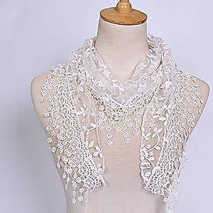 Cotchear Lace Scarf Floral Crochet Lightweight Tassel Sheer Wrap Scarves Shawl (White)