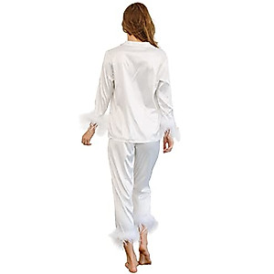 Queens Bridal Feather Trim Pajama Set for Women Satin Silk Long Sleeve Top With Pants Sleepwear Button Down S To XXL (White, Small)