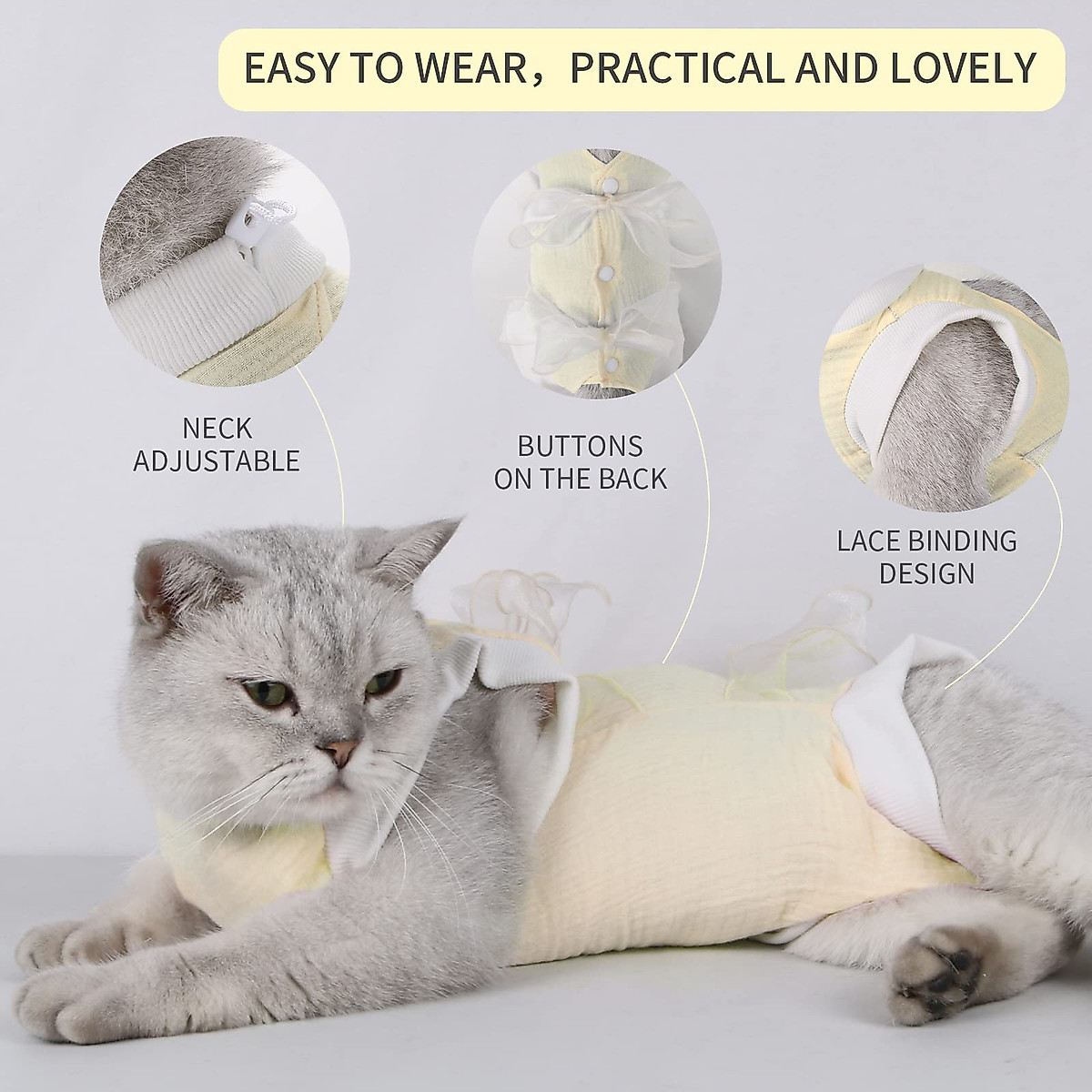 WZ PET Cat Surgery Recovery Suit,Soft Recovery Suit for Cats After Surgery Wear,Professional Cat Recovery Suit Female(Yellow,S)