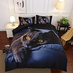 Heave 4Piece Dark Night Black Cat King Duvet Cover Set 3D Oil Animal Printed Bedding Queen Size Comforter Quilt Cover with 1 Flat Sheet and 2 Pillowcase