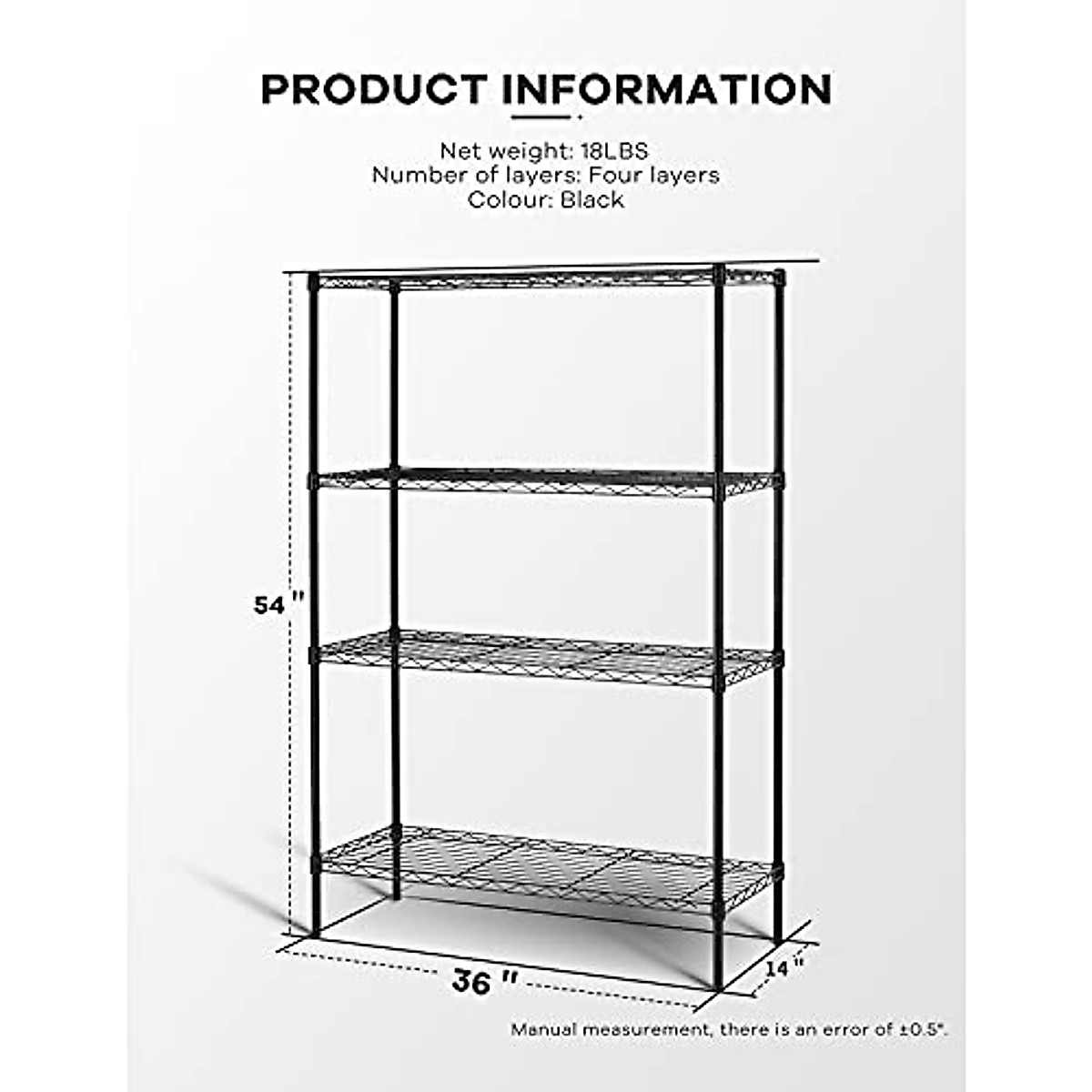 HCY Garage Shelving, 54x36x14 inch Metal Shelves 4 Tier Wire Shelving Unit Adjustable Heavy Duty Sturdy Steel Shelving Rack Shelf for Pantry Garage Kitchen (Black)