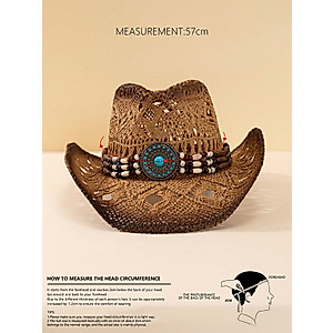 QWINEE Ombre Bead Decor Hollow Out Cowboy Hat Straw Cowboy Cowgirl Hats Summer Beach Sun Hat for Women Men Khaki one-Size