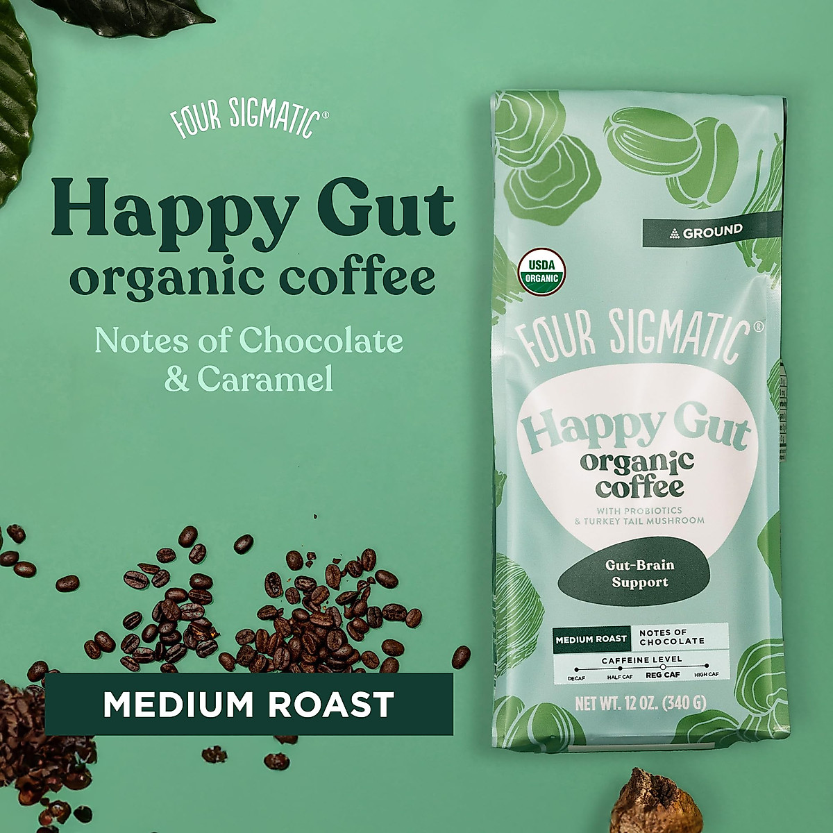 Four Sigmatic Happy Gut Organic Ground Coffee | Medium Roast, Immune Boosting Probiotic Mushroom Coffee with Chaga & Turkey Tail for Gut Health & Immune Support | 12oz Bag