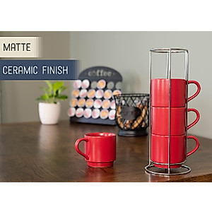 Nat & Jules Stacking Red 14 ounce Ceramic Stoneware Mugs With Stand Set of 4