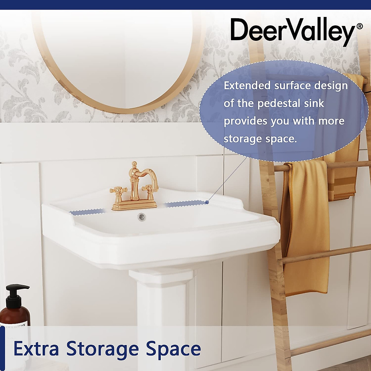 DeerValley DV-1P522 Dynasty Pedestal Sink 23" W X 19" D White Ceramic Pedestal Bathroom Sink With Overflow