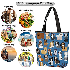 Cute Dog Pattern Canvas Tote Bag, Eco Friendly Reusable Grocery Shopping Bags Beach Bag Book Tote Handbags Washable Shoulder Bag With Zipper Inner Pocket for Women Girls