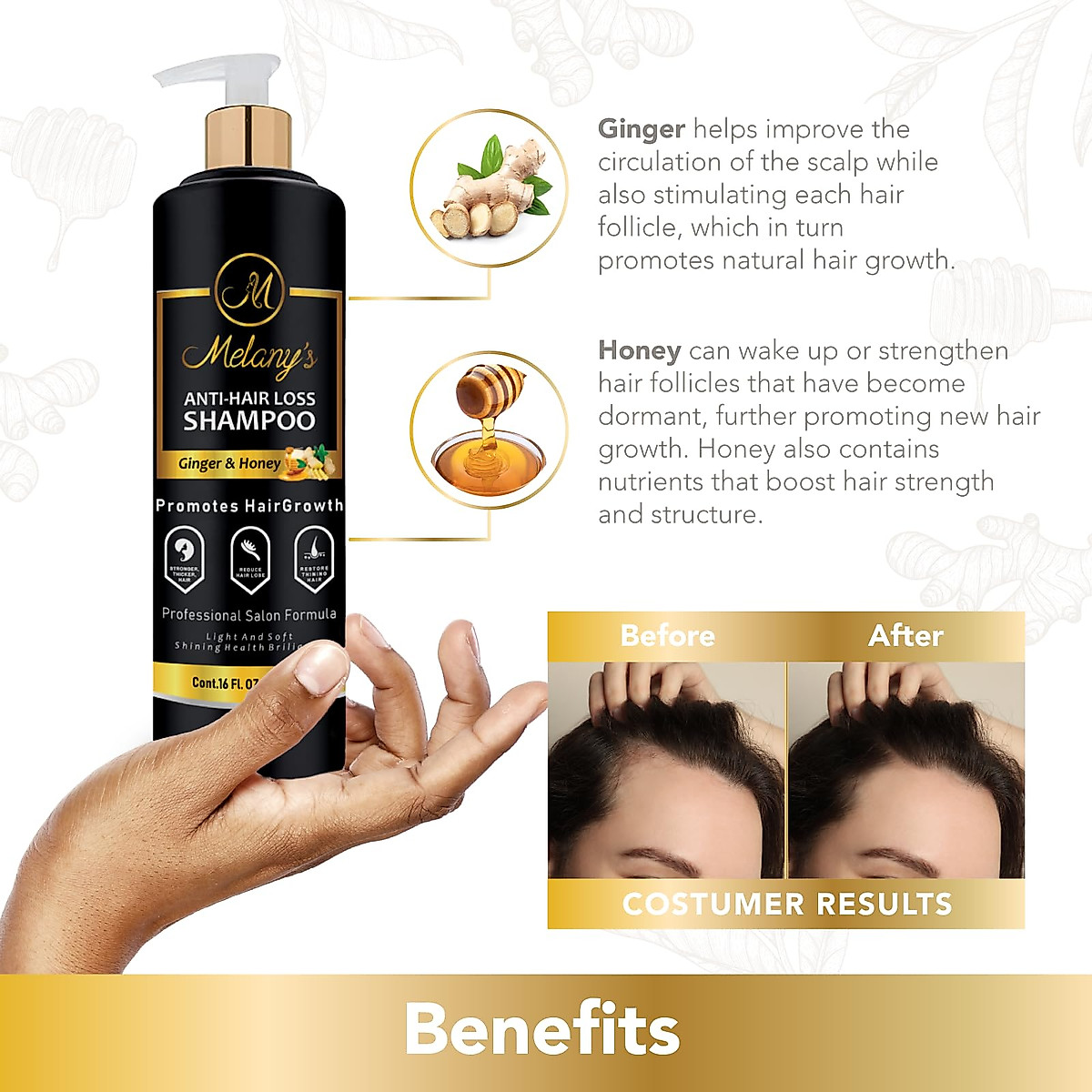 Melany's Natural Herb Ginger Honey Shampoo 16 OZ