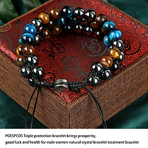 POESPCOS Triple Protection Men'S Ladies Tiger Eye Bracelet Chakra Bracelet, Brings Good Luck, Prosperity, Wealth and Happiness, Is An Energy Bracelet