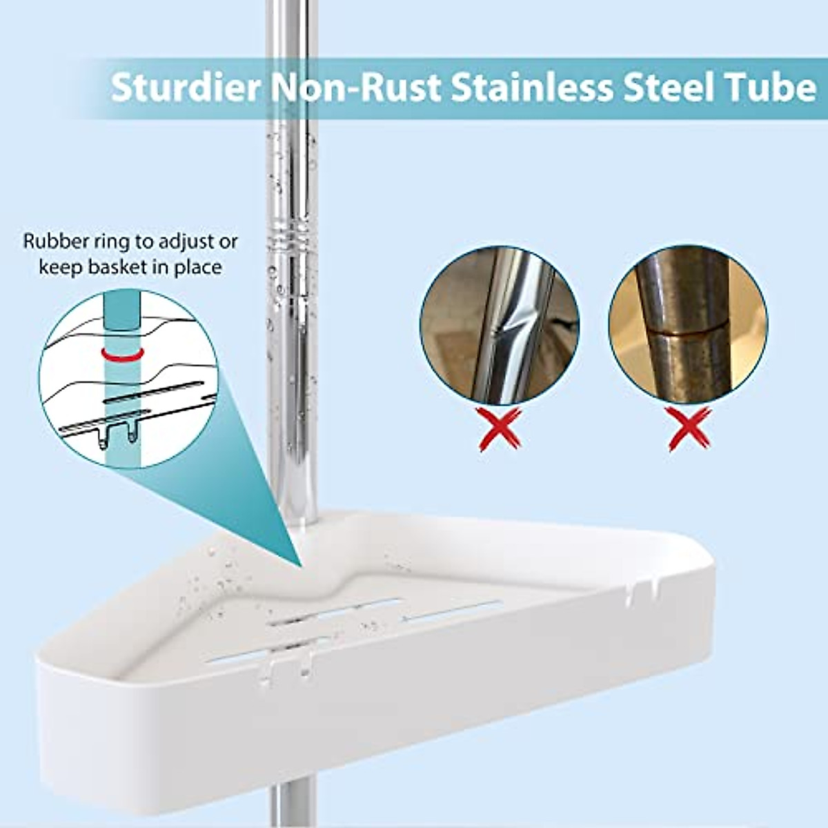 DAKEPOLE Rustproof Tension Shower Caddy, Stainless Steel Corner Stand Storage Organizer with Tension Pole for Bathroom Bathtub Shampoo Soap Plants, 4-Tier Adjustable Shelves,54 to 125 Inch