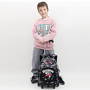 Wheeled Backpack School Kids Backpack with Wheels Boys Wheeled Backpacks 6 Wheels Camouflage Trolley Book Bags Shark Printed Wheeled Schoolbag for Boys Primary School Book Bags with Wheels Gray Bag