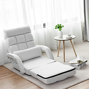 GOFLAME Adjustable Folding Lazy Sofa, Floor Chair Sofa, Padded Gaming Chair with Armrests and Pillow, Lounger Bed for Home & Office (White)