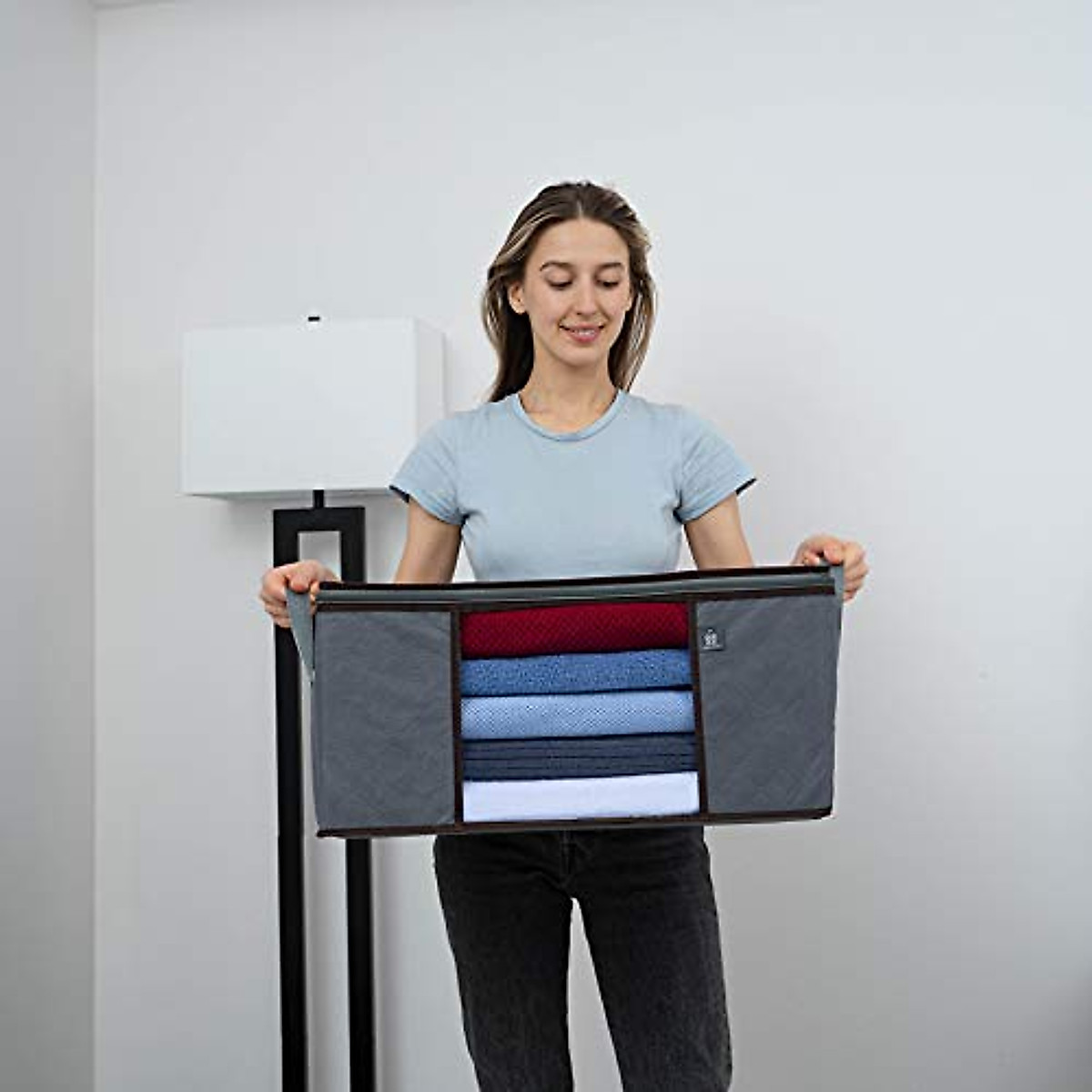 VENO 3 Pack Large Clothes Storage Bag Organizer with Reinforced Handle Thick Fabric for Comforters, Blankets, Bedding, Foldable with Sturdy Zipper, Clear Window, Grey, Reusable and Sustainable (13.3 Gallon)