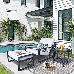 Outdoor Chaise Lounge Chair with Ottomans, Indoor Outdoor Patio Conversation Chair Set of 2 with Ottoman and Beige Cushion, All Weather Aluminum Outdoor Recliner Armchair Set, Charcoal Black Frame