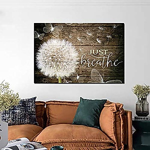 White Dandelion and Butterflies Just Breathe Quotes Poster Brown Rustic Wall Art Canvas Paintings Beautiful Decorative Home Decor Pictures Framed Country Wall Decor Prints for Bedroom Nursery 28"x40"