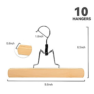 Nature Smile Wooden Pants Hangers 10 Pack Non Slip Skirt Hangers, Smooth Finish Solid Wood Clamp Hangers Hair Extension Hangers Jeans/Slack Hangers with 360° Swivel Hook - Pants Clip Hangers (Natural)