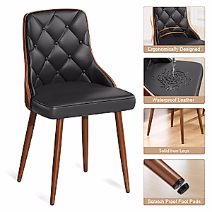 Aowos Dining Chairs Set of 4, Mid Century Modern PU Leather Upholstered Kitchen Chairs with Walnut Back and Iron Legs, Comfortable Seating for Kitchen, Dining Room, Bar Counter, Living Room (Black)