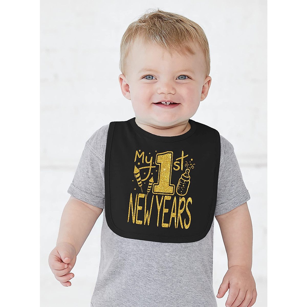 Aiden's Corner Cute Handmade Holiday Baby 1st New Year Bibs - Infant Boy Girl Gold Flake My First New Years Bib (Black)
