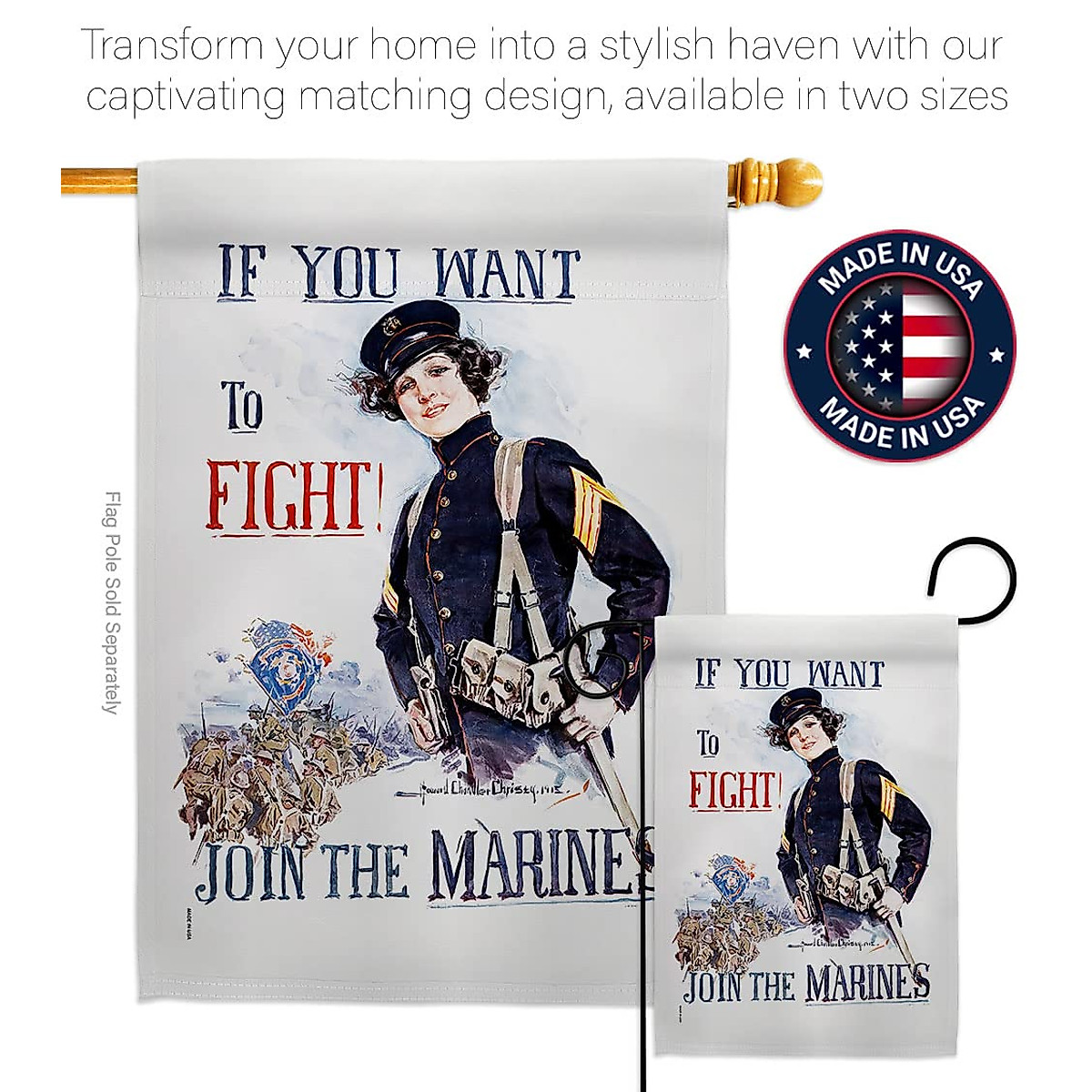 USBrotherhood Join Garden Flag Set Wall Holder Armed Forces Marine Corps USMC Semper Fi United State American Military Veteran Retire House Banner Small Yard Gift Double-Sided, Made in USA