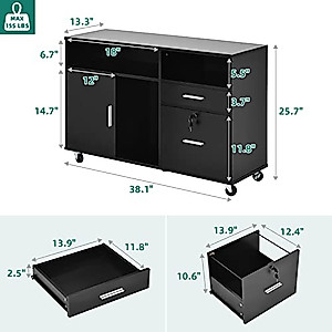 YITAHOME Wood Lateral File Cabinet, 2 Drawer Mobile Storage Cabinet, Fits A4, Letter Size Files, Printer Stand with Open Storage Shelves, Modern Filing Cabinet for Home Office, Black