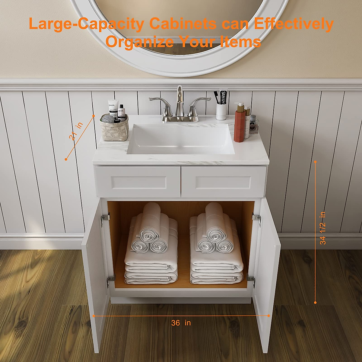 LOVMOR 36" Bathroom Vanity, Kitchen Base Cabinet, Single Sink Storage Unit, Pedestal Sink Storage Cabinet, Large Capacity for Laundry Room, Kitchen, Shower Room & Utility Room