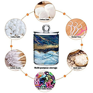 Kigai Blue Gold Marble Qtip Holder - 14OZ Clear Plastic Apothecary Jars Bathroom Canister Dispenser Organizer Vanity Storage Jar with Lid for Cotton Ball, Cotton Swab, Floss (2PACK)
