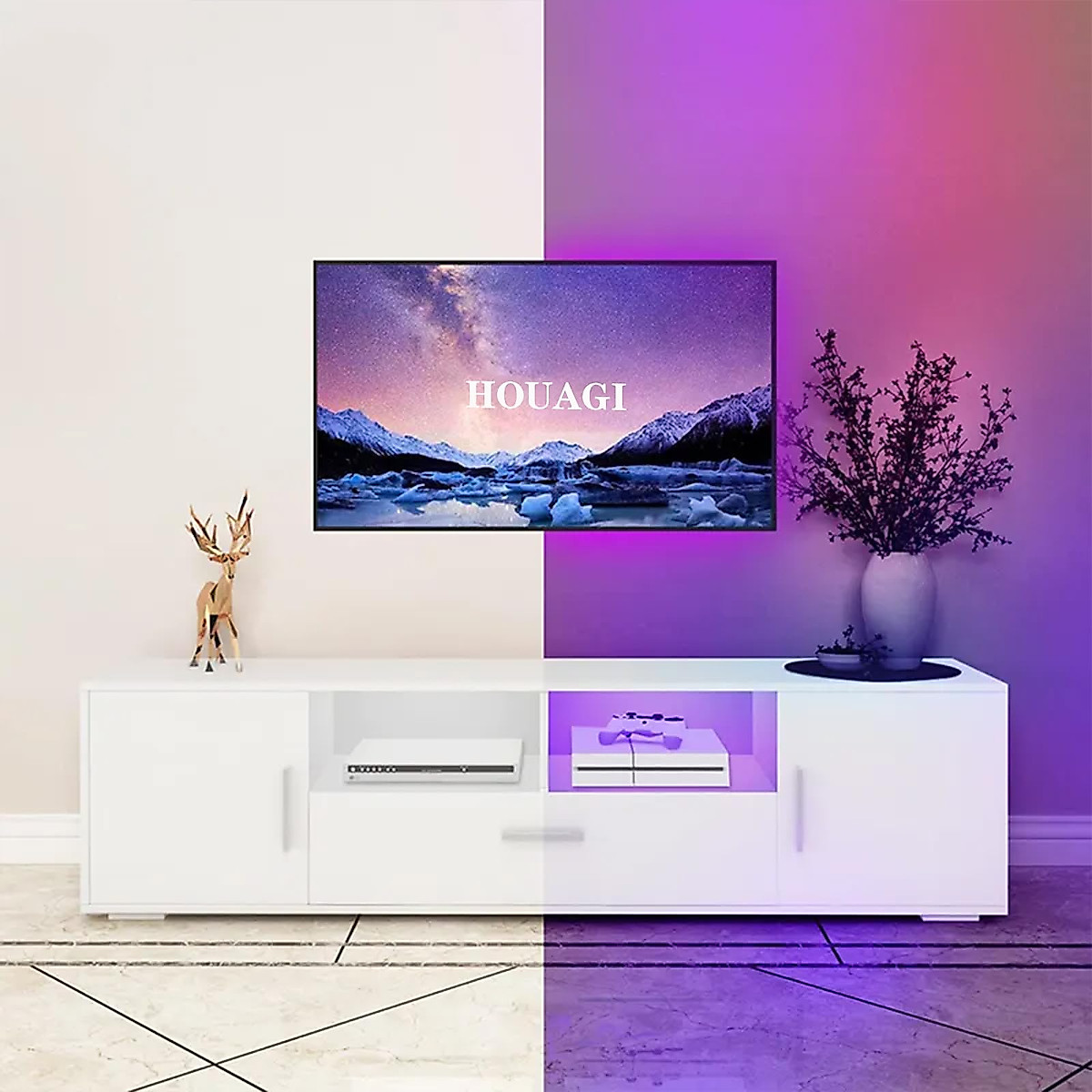HOUAGI LED TV Stand for TVs up to 70 Inches, Modern Entertainment Center with Storage Drawers,TV Stands for Living Room Bedroom, White