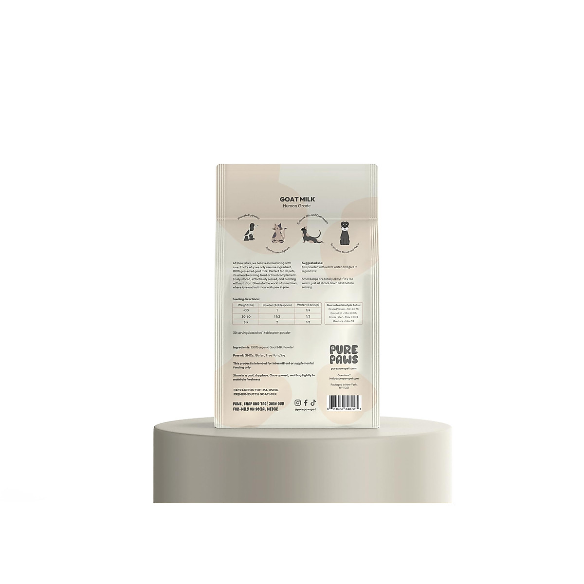 Pure Paws Goat Milk Powder for Dogs, Puppies, Cats, and Kittens - Single Ingredient Pet Supplement, Holistic Health, Sensitive Stomach, Food Topper for Picky Eaters 7.5 oz