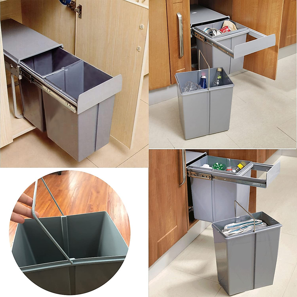 Nisorpa 40 Liter / 10.6 Gallon Dual Pull Out Trash Cans Under Cabinet Counter/Sink with Lid - Commercial Garbage Can Recycling Container Kitchen Waste Bins - Soft-Close Slides Out & Fixable Base, Gray