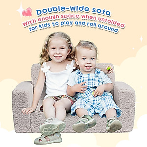 ALIMORDEN Fold Out Toddler Couch, Extra Wide Comfy 2-in-1 Cuddly Sherpa Sofa for Kids, with Removable Baby Friendly Blanket, Convertible Sofa to Bed, Light Grey