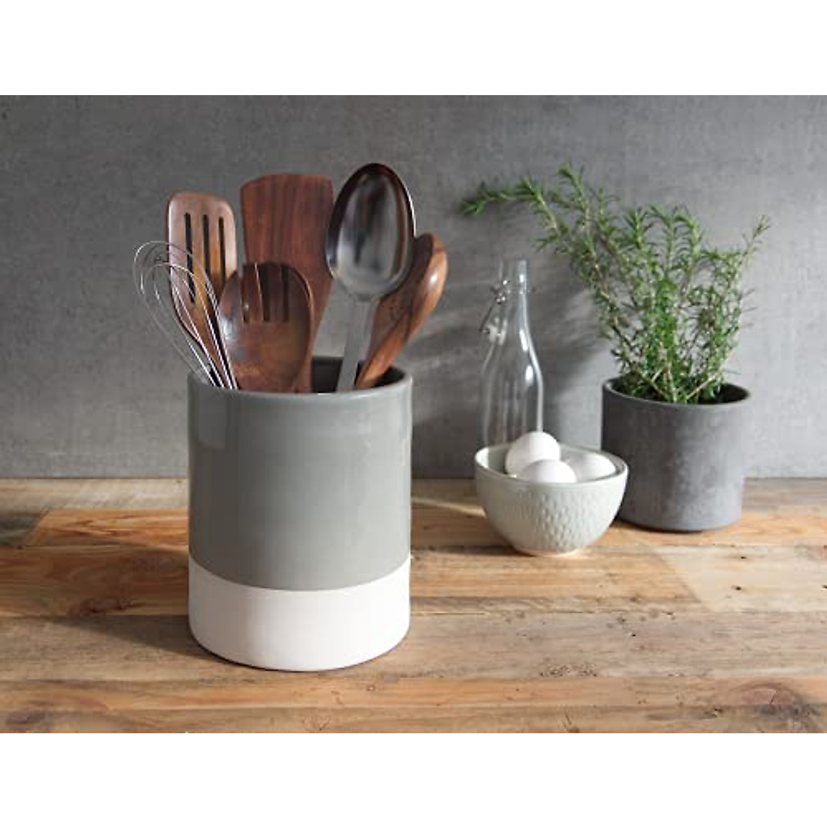 Utensil holder – crock - caddy - Extra Large ceramic organizer for kitchen countertop - modern or rustic farmhouse decor - gray & natural white - jar holds all spatulas, spoons & tools