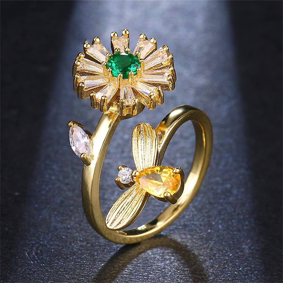 JILIYUPA 3Pcs Sunflower Fidget Rings For Women Girls Teen Men, Gold Bee Flower Butterfly Open Rings Set, Cubic Zirconia Ring Sunflower Flower Spinner Ring for Women Bridesmaid Bride Rings