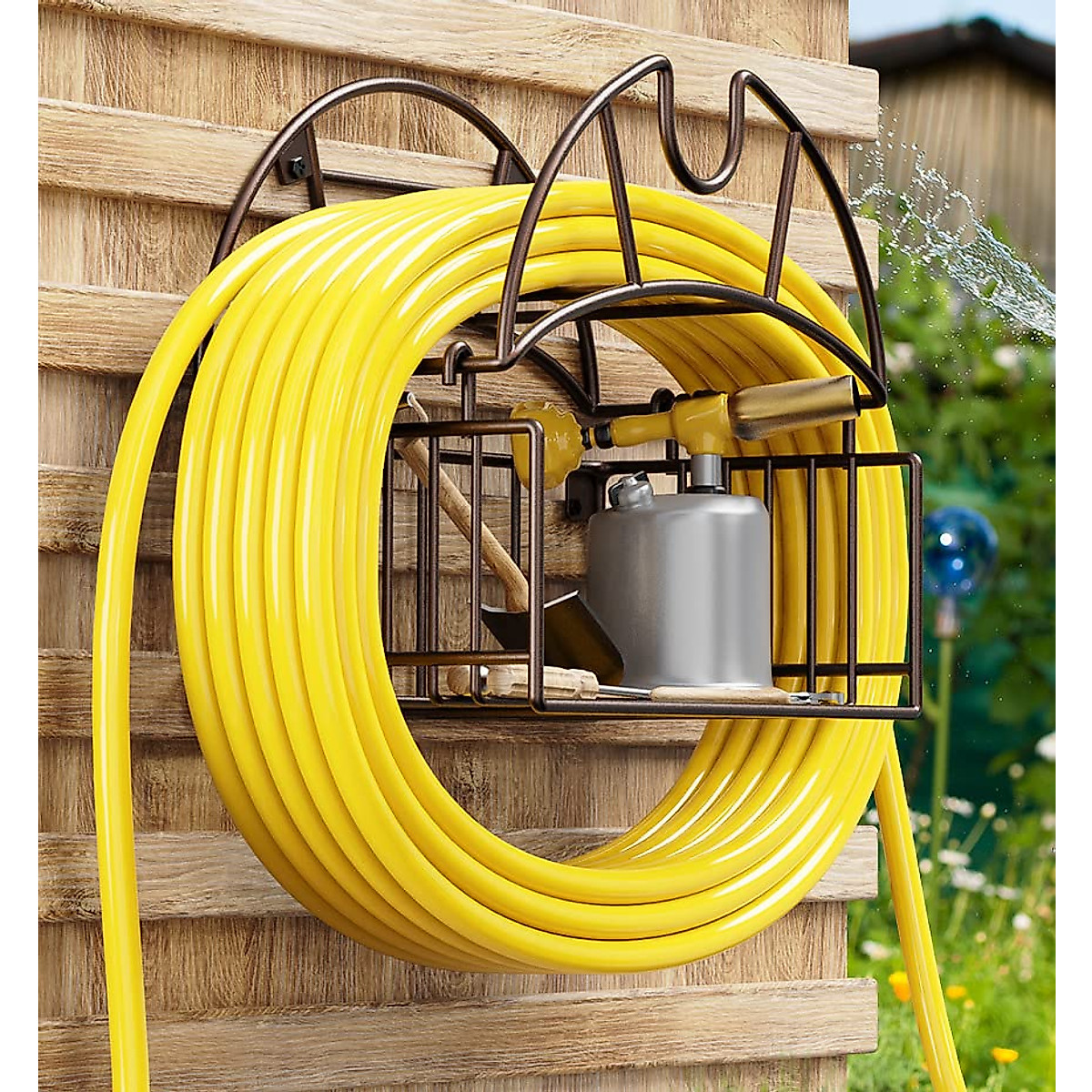 Asuby Hose Reel Garden Hose Holder,Water Hose Holder Wall Mount,Heavy Duty Metal Water Hose Rack with Tool Storage Basket,Outdoor Hose Stands for Outside Garden Yard Garage