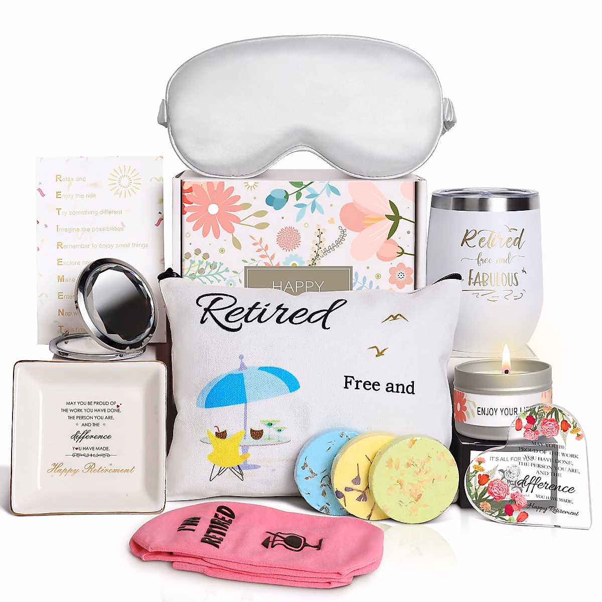 Happy Retirement Gifts for Women 2024,12 Pcs Retirement Gifts for Friends,Boss,Teachers,Nurses,Mom,Grandma,Retirees with Wine Tumbler,Socks,Cosmetic Bag,Retired Going Away,Goodbye Gift for Coworker