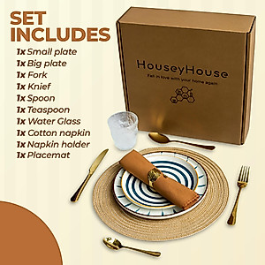 10-Piece Set All in 1 Dinnerware Set for 1 Person Dish Set Blue & White Cute Single Person Farmhouse Dinnerware 2 White Plates/Gold Cutlery/Cotton Place Mat/Napkin/Napkin Holder/Water Glass