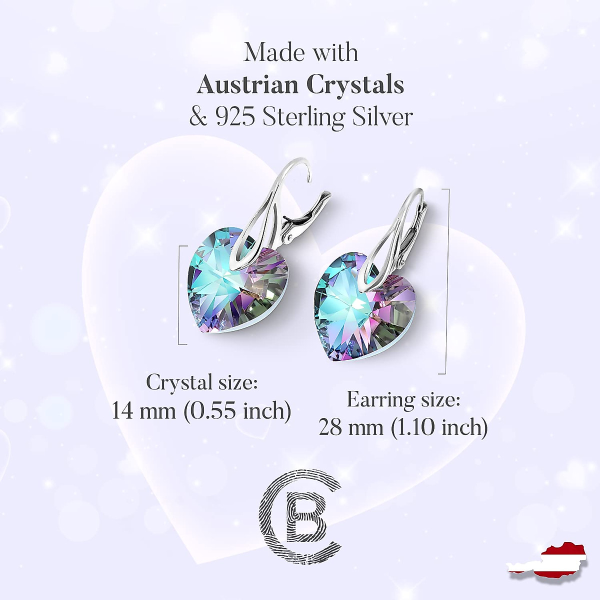 Chic Bijoux Heart Shaped Earrings for Women - Made with 925 Sterling Silver and Austrian Crystals - Birthday Ideas for Mom, Hypoallergenic Jewelry, Purple