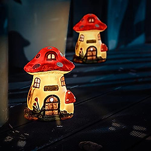 WONDHOME Mushroom Illuminated Miniature Fairy Landscape House with Solar Powered LED Outdoor Garden Statue