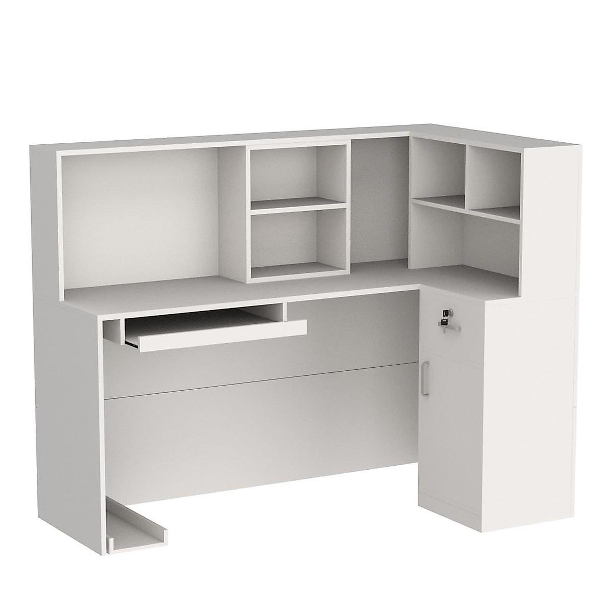 Homsee Reception Desk L-Shaped Office Desk with Counter, 1 Door Storage Cabinet, 1 Lockable Drawer, Hutch Shelf & Keyboard Tray, White