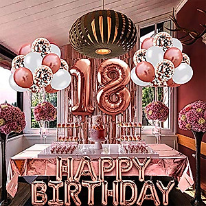 MOVINPE 18th Rose Gold Birthday Party Decoration, Happy Birthday Banner, Jumbo Number 18 Foil Balloon, 2 Rose Gold Fringe Curtain, Latex Confetti Balloon, Table Confetti for Girl Women Anniversary