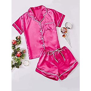 Verdusa Women's 2pc Palm Print Satin Nightwear Button Front Pajamas Set Hot Pink M