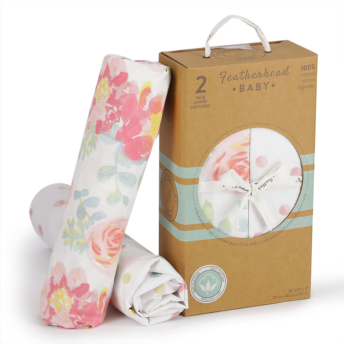 Featherhead™ 2-Pack Fitted Crib Sheets - 100% Cotton - 52" x 28" x 9" for Standard Crib and Toddler Mattress (Percale Garden Floral)