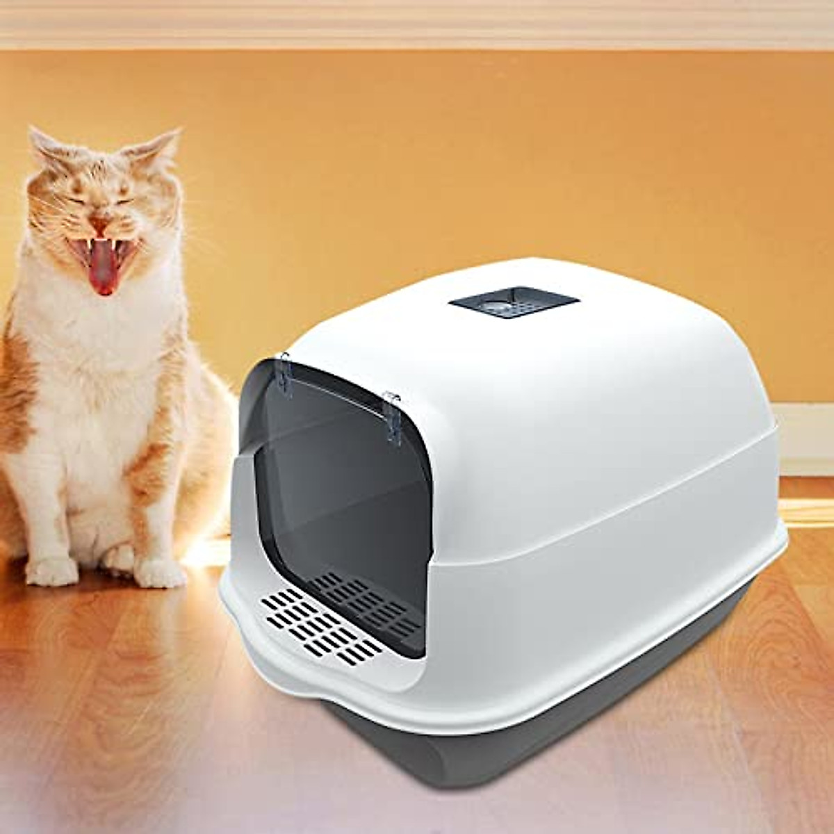 Milageto Large Cat Litter Box with Lid Enclosed and Covered with Door Easily to Clean Prevent Smell Litter Pan Heightened Fence Toilet Cat Toilet, Gray Bottom