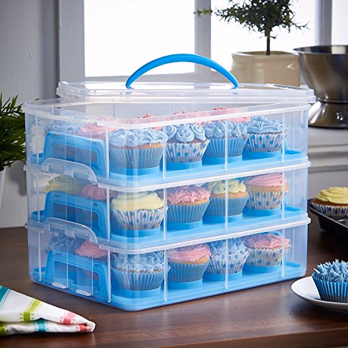VonShef Snap and Stack Blue 3 Tier Cupcake Holder & Cake Carrier Container - Store up to 36 Cupcakes or 3 Large Cakes