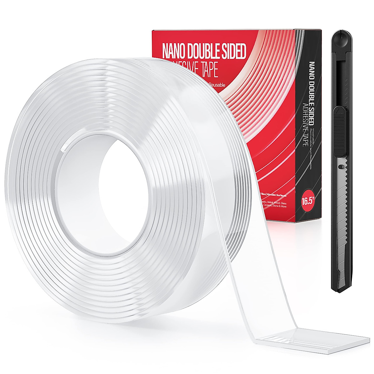 UALAU Double Sided Tape with Cutter, 16.5FT Heavy Duty Removable Washable Grip Mounting Tape for Home/Office/Car Decor, Fix Carpet Mats