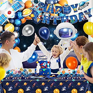 162PCS Outer Space Birthday Party Supplies, Space Themed Party Decorations Include Banner, Balloons, Backdrop, Hanging Swirls, Tablecloth, Plates, Cake Toppers for Kids Birthday Decorations